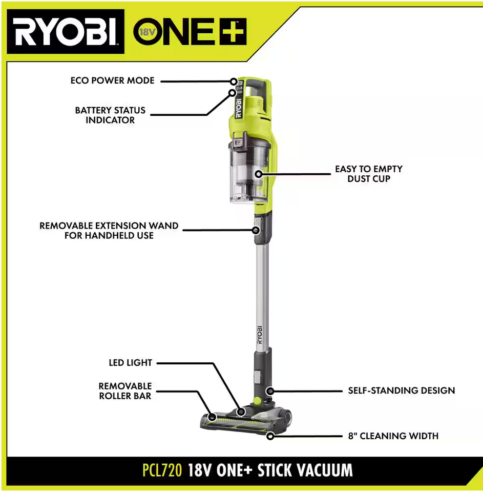 Ryobi ONE+ 18V Cordless Stick Vacuum Cleaner (TOOL ONLY) 33287206513| eBay