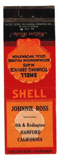 SHELL GASOLINE matchbook matchcover - GAS - JOHNNIE ROSS - HANFORD ...