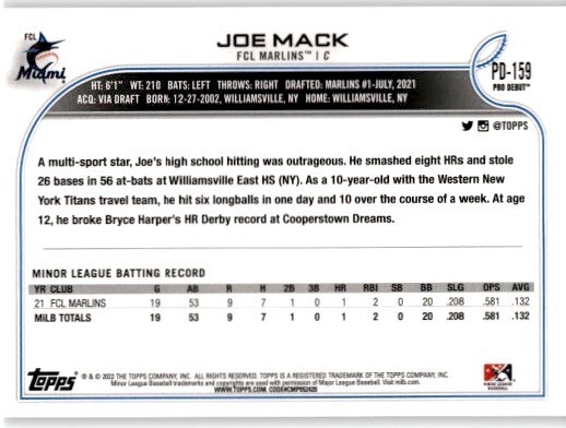 JOE MACK 2022 Topps Pro Debut #PD-159 FCL Marlins | eBay