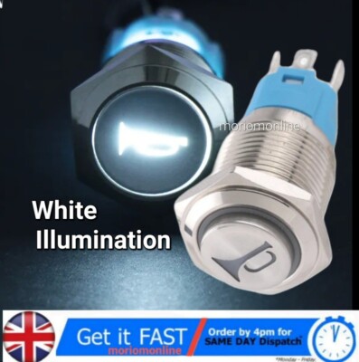 WHITE 16mm LED Light Horn Button Momentary Metal Switch Push Button Car ...