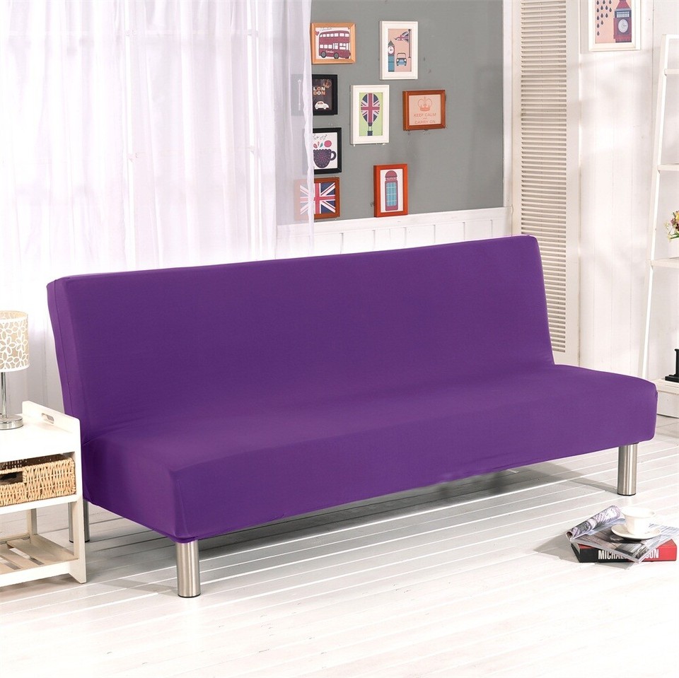 Solid Color Foldable Sofa Bed Cover Purple Armless Elastic Futon ...