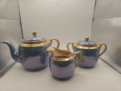 Vintage Japanese Hand Painted Blue & Peach Iridescent Lusterware Tea ...