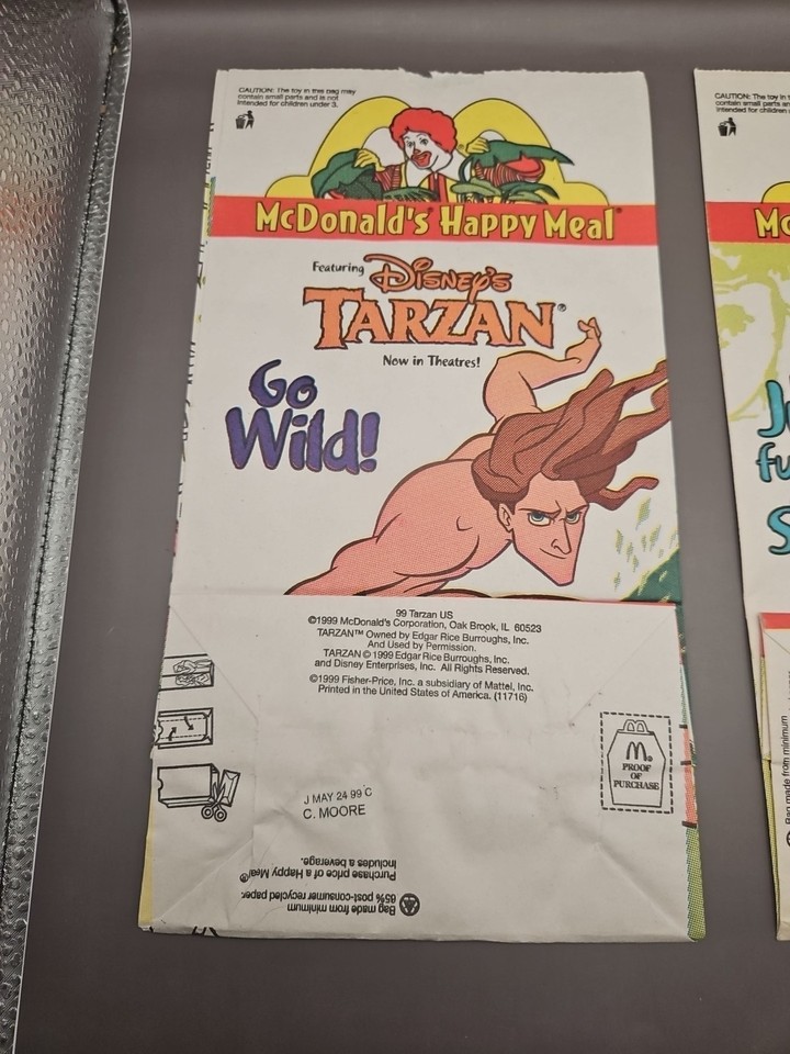 (2) 1999 Disney Tarzan Happy Meal Bag Complete Set Unused Flat Ephemera ...