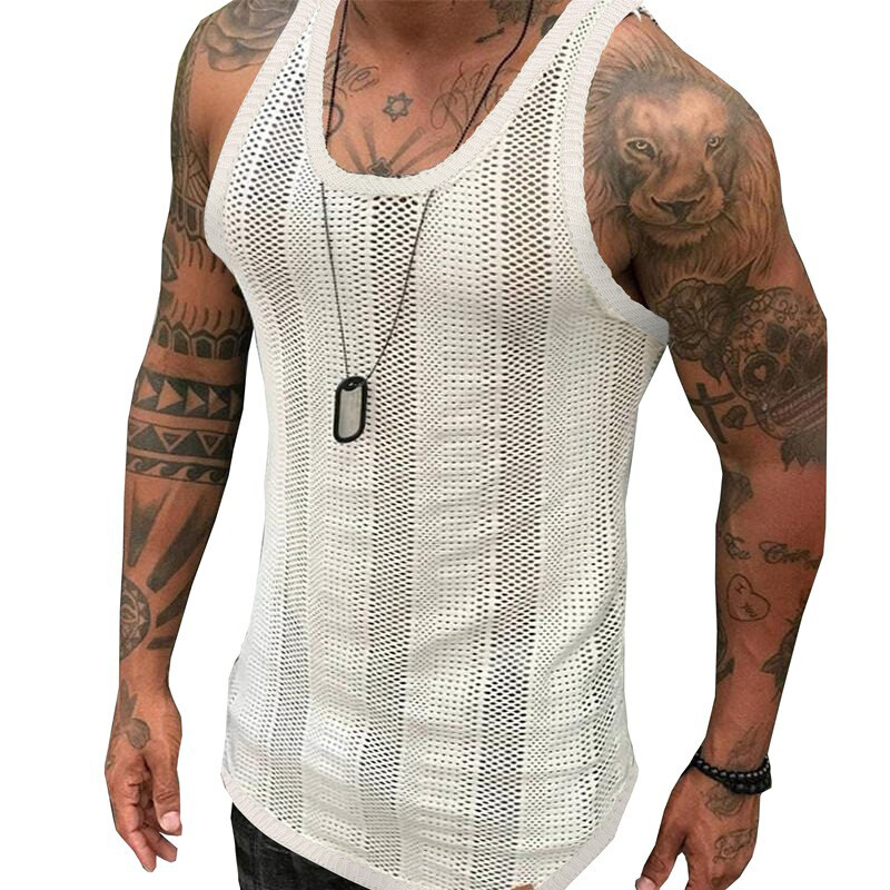 Mens See Through Vest Crewneck Sleeveless Tank Tops Muscle Sexy Mesh T ...