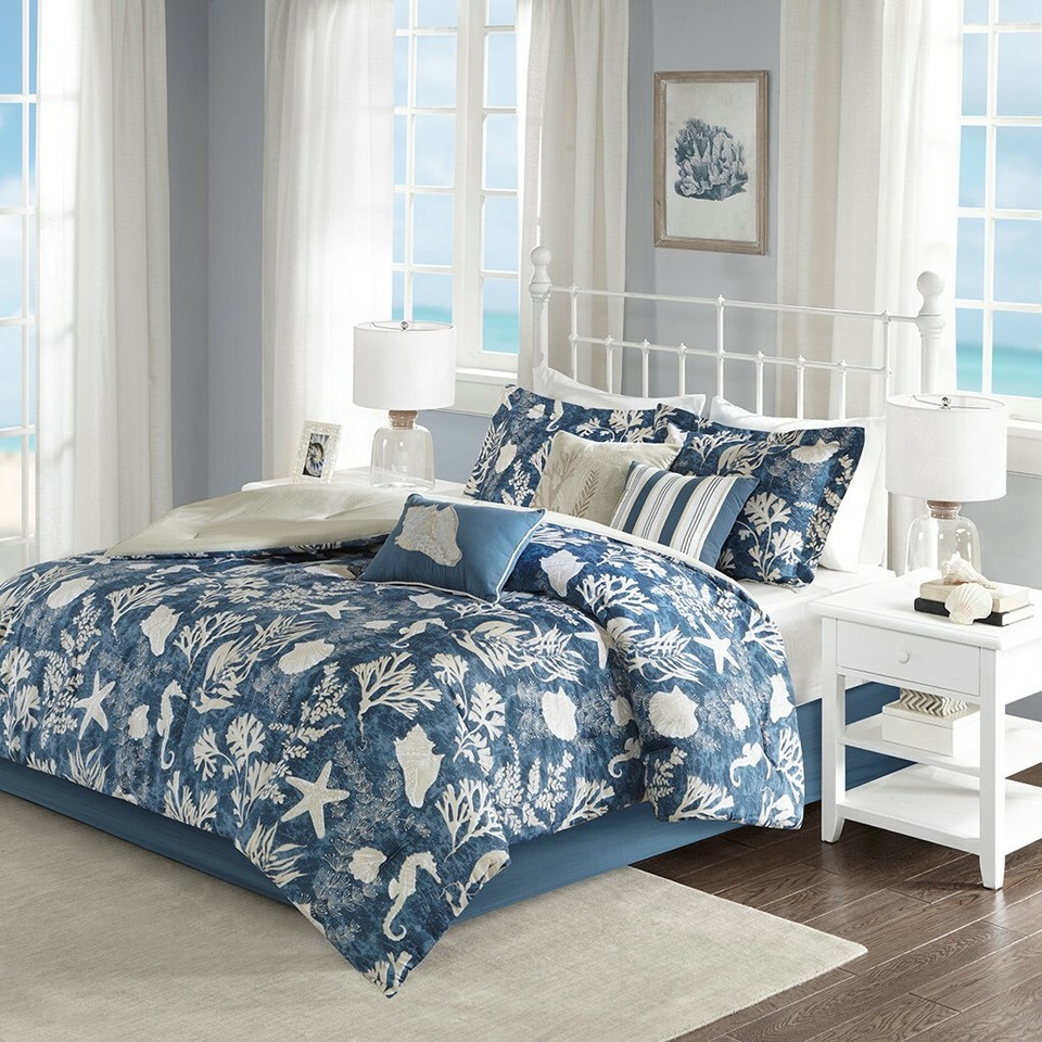 BLUE OCEAN CAPE 7pc Cal King COMFORTER SET : WHITE BEACH NAUTICAL SEA ...