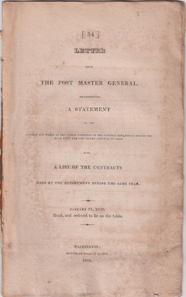Letter From the Postmaster General 1820 Post Office Clerks and ...