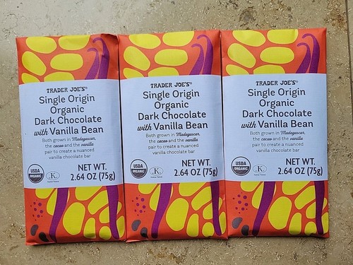 Trader Joe's Single Origin Organic Dark Chocolate Vanilla Bean 3 Bars 10-29-2026 | eBay