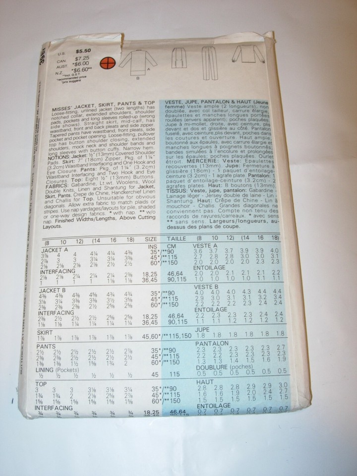 WOMENS UNCUT BUTTERICK 3987 SEWING Pattern JACKET SKIRT PANTS TOP SIZE ...