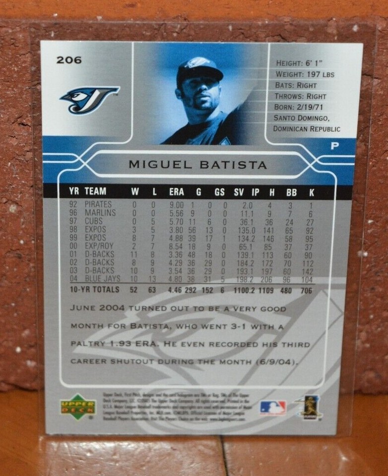 UD FIRST PITCH BASEBALL CARD 2005 PACK TO PENNY SLEEVE BLUE JAYS MIGUEL ...