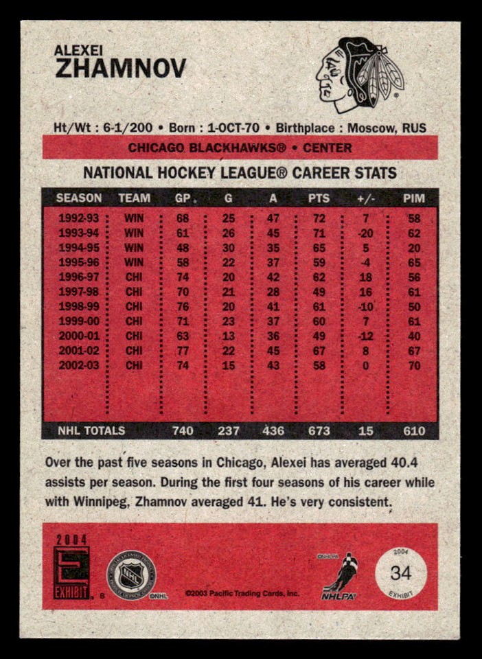 Alexei Zhamnov 2003 Pacific Exhibit #34 Chicago Blackhawks | eBay