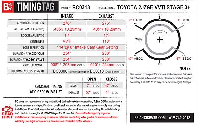 Brian Crower Stage 3 Camshaft Set For 97-05 Toyota Lexus 2JZGE w/ VVTI ...