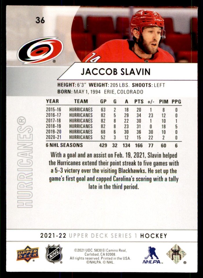 2021-22 Upper Deck #36 Jaccob Slavin | eBay