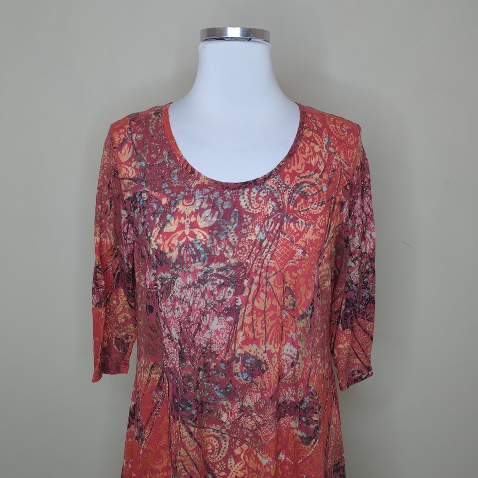 Tianello By Steve Barraza Tunic Top Medium Women's Floral Sheer Red 3/4 ...