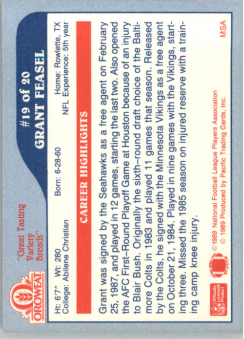 1989 Seahawks Oroweat #19 Grant Feasel Seattle Seahawks Trading Card | eBay