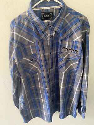 Western Style Flannel Shirt Blue And Gray Cowboy Hardware With Pearl ...