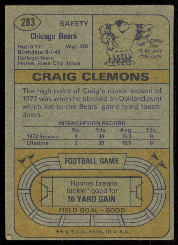 1974 TOPPS CRAIG CLEMONS RC CHICAGO BEARS #283 VG - CREASE | eBay