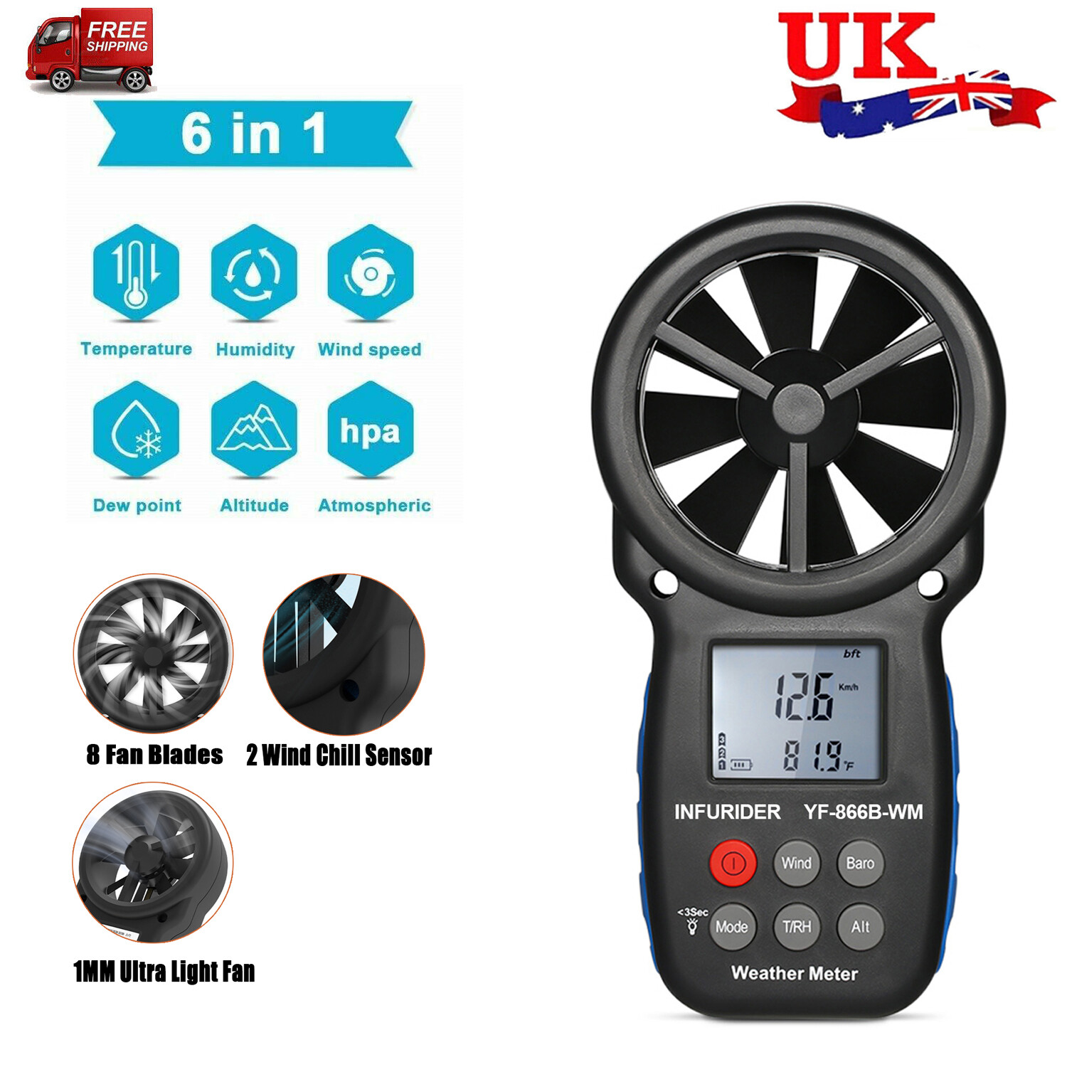 Digital Anemometer Dew Point Meter Wind Speed Gauge Handheld Barometer ...