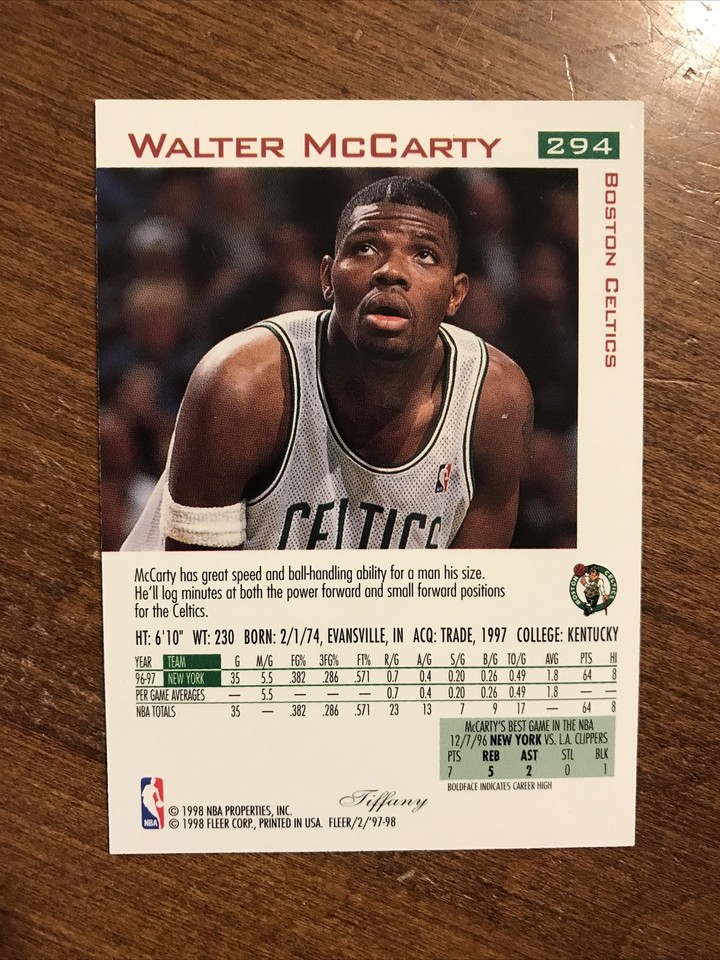 Walter McCarty 1997-98 Fleer Traditions Tiffany Card #294 Boston ...