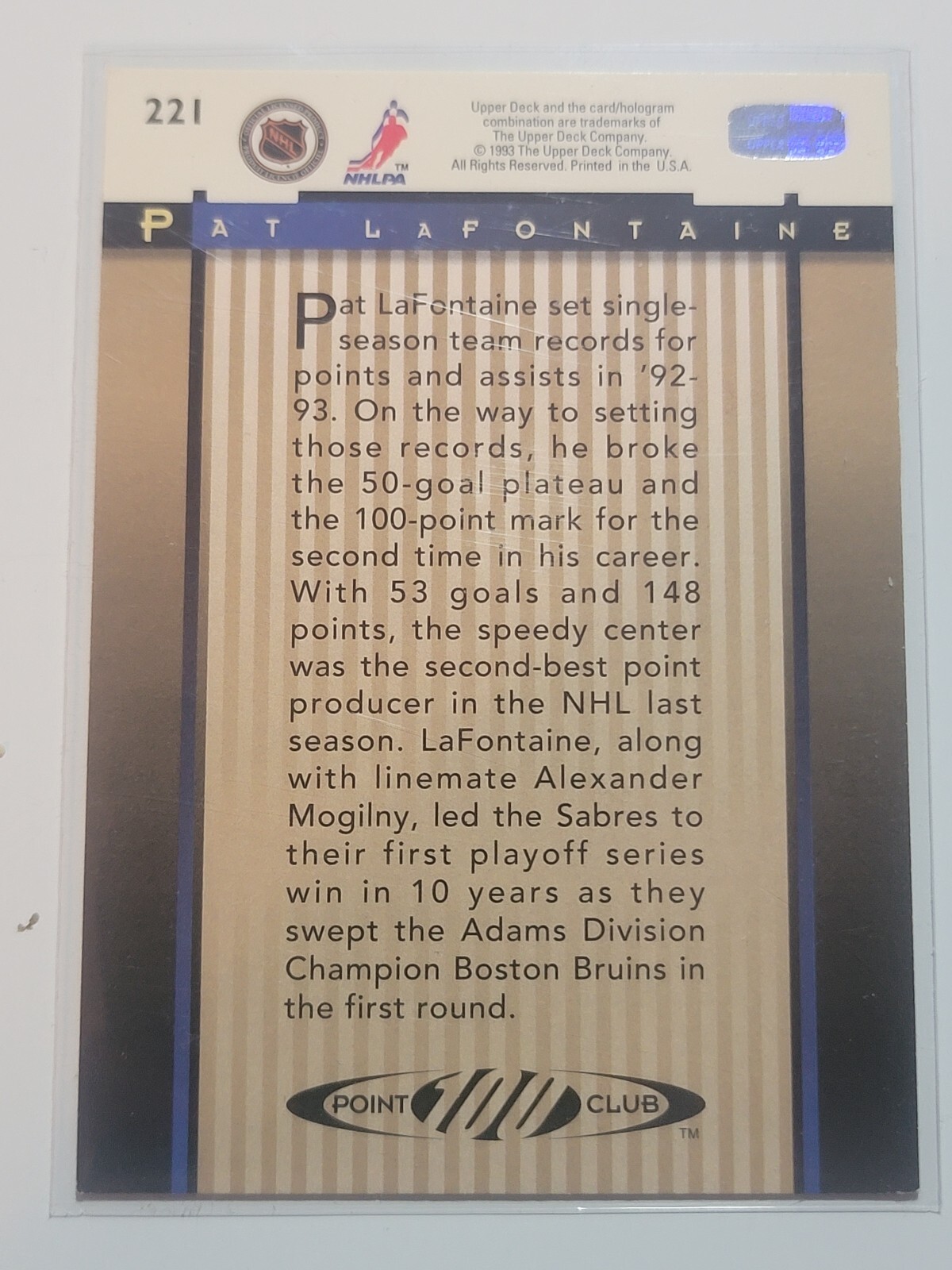 PAT LAFONTAINE 1993 Upper Deck 100 Point Club #221. SABRES | eBay