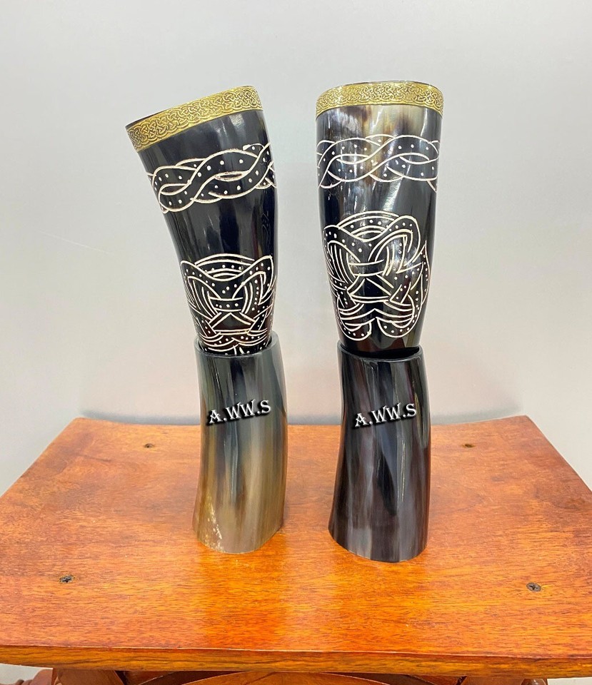 Drinking Horn Set, Mead, Ale, Authentic Carved Viking Drinking Horn ...