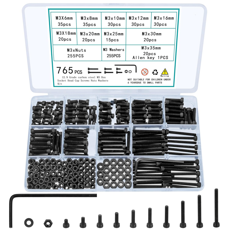765 Pcs M3 Screws Bolts and Nuts Assortment Kit, Small Hex Socket Head ...