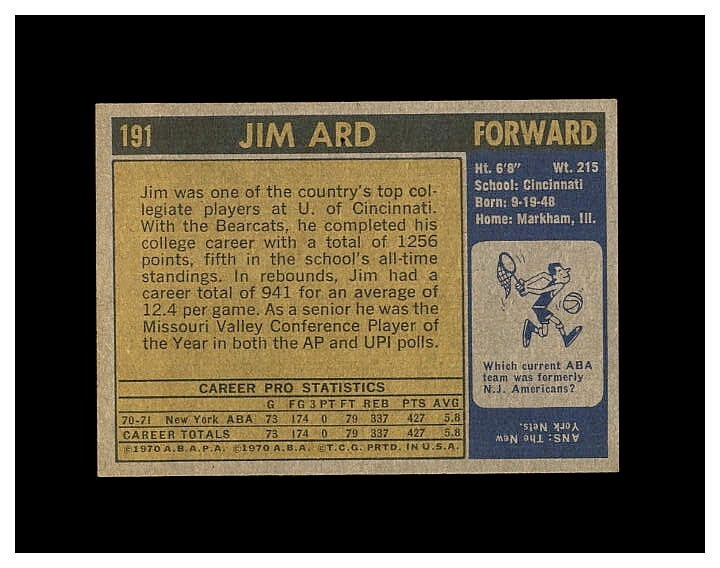 1971-72 TOPPS BASKETBALL CARD NEW YORK NETS ABA #191 JIM ARD RC NR.MINT ...