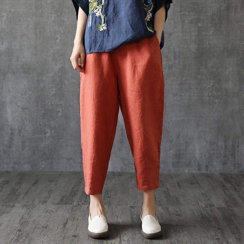 Summer Lady Cotton Linen Cropped Pants Ethnic Pocket Trousers Thin ...