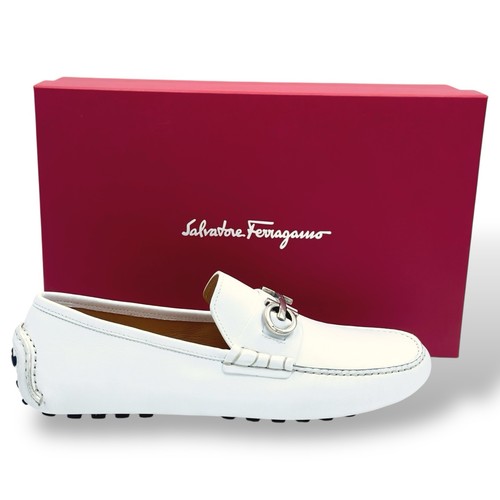 Salvatore Ferragamo Driver with Gancini Bit White Leather Loafers 8.5UK ...