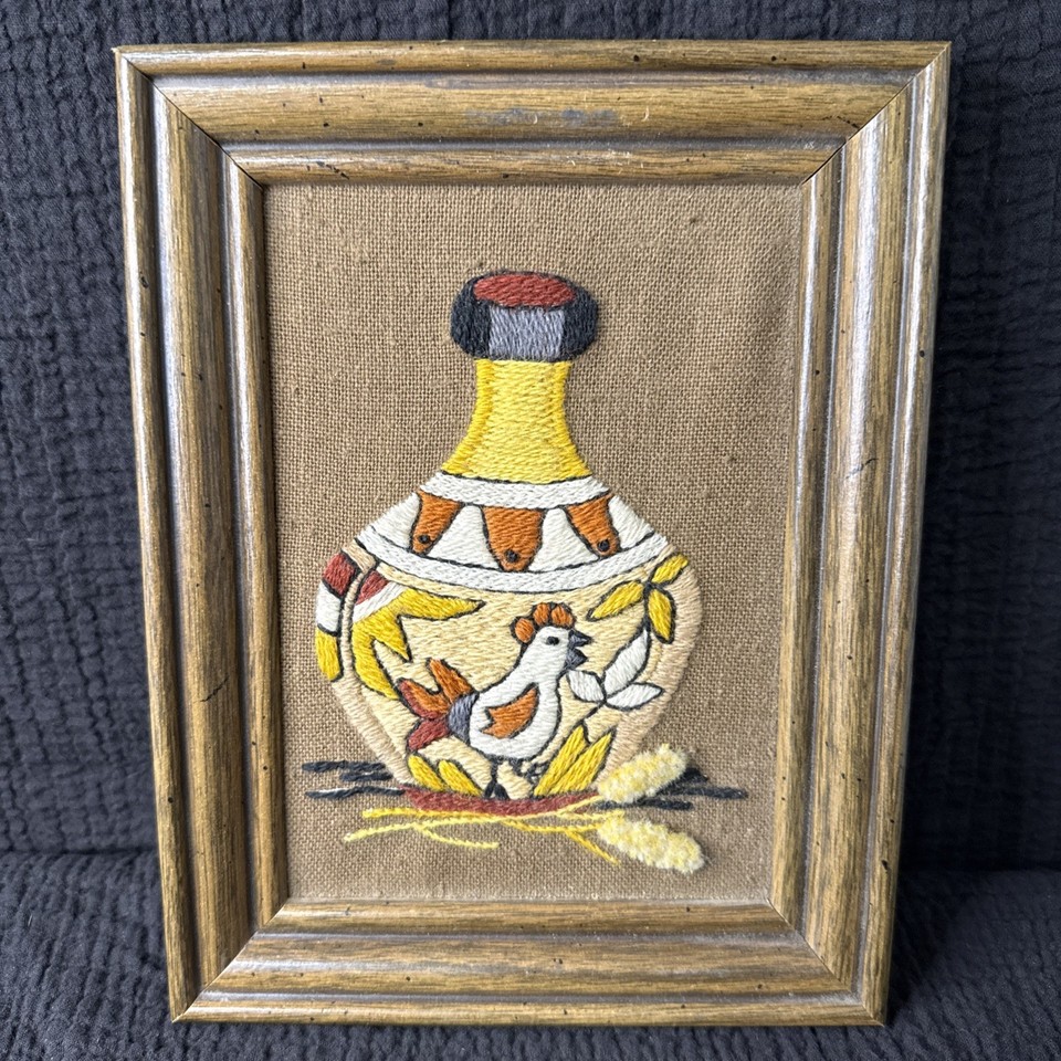3 vintage 1970s crewel embroidery Native American inspired pottery ...