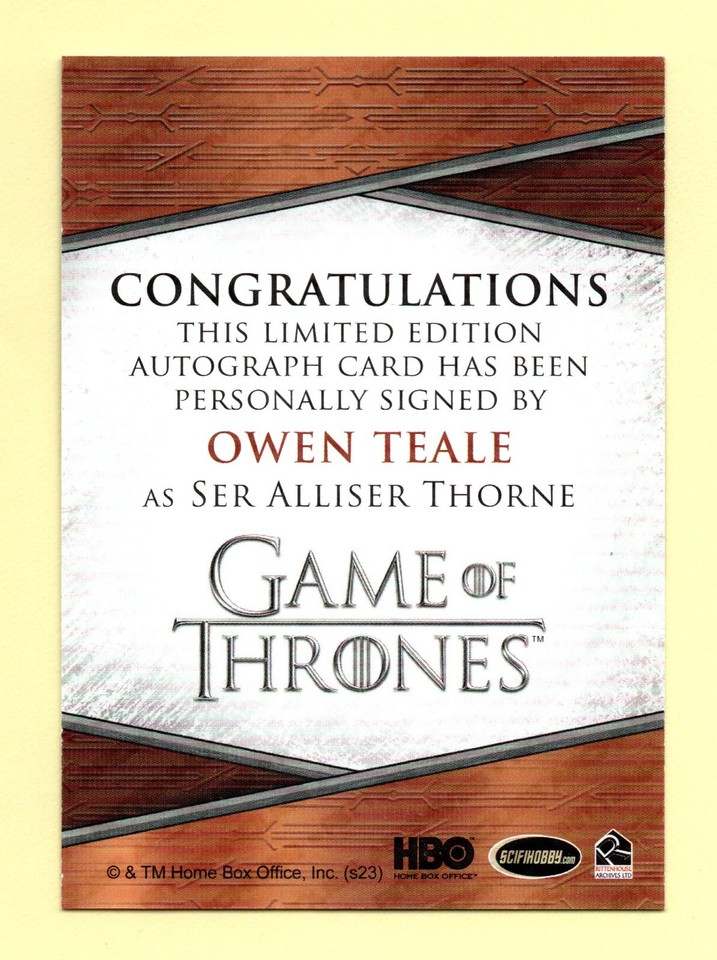 2023 Rittenhouse GAME OF THRONES Owen Teale as Alliser Thorne ON-CARD ...