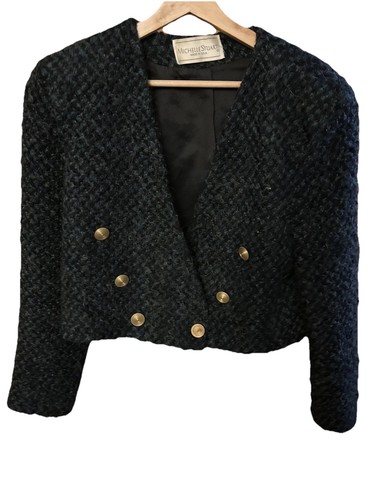 Michelle Stuart Women’s Tweed Cropped Blazer Shoulder Pads Gold Buttons ...
