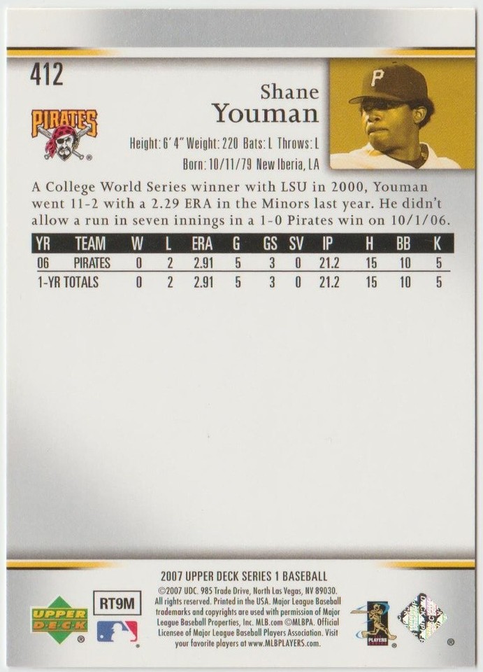 2007 Upper Deck Baseball #412 Shane Youman RC - Pittsburgh Pirates | eBay