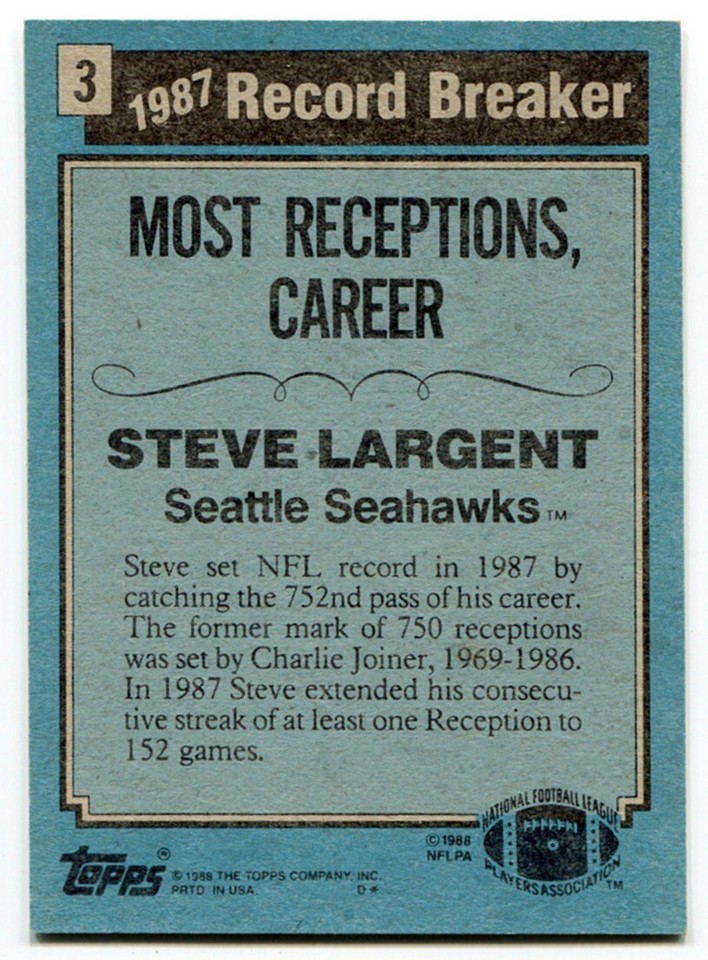 1988 Topps #3 Steve Largent 1987 Record Breaker Football Card - Seattle ...