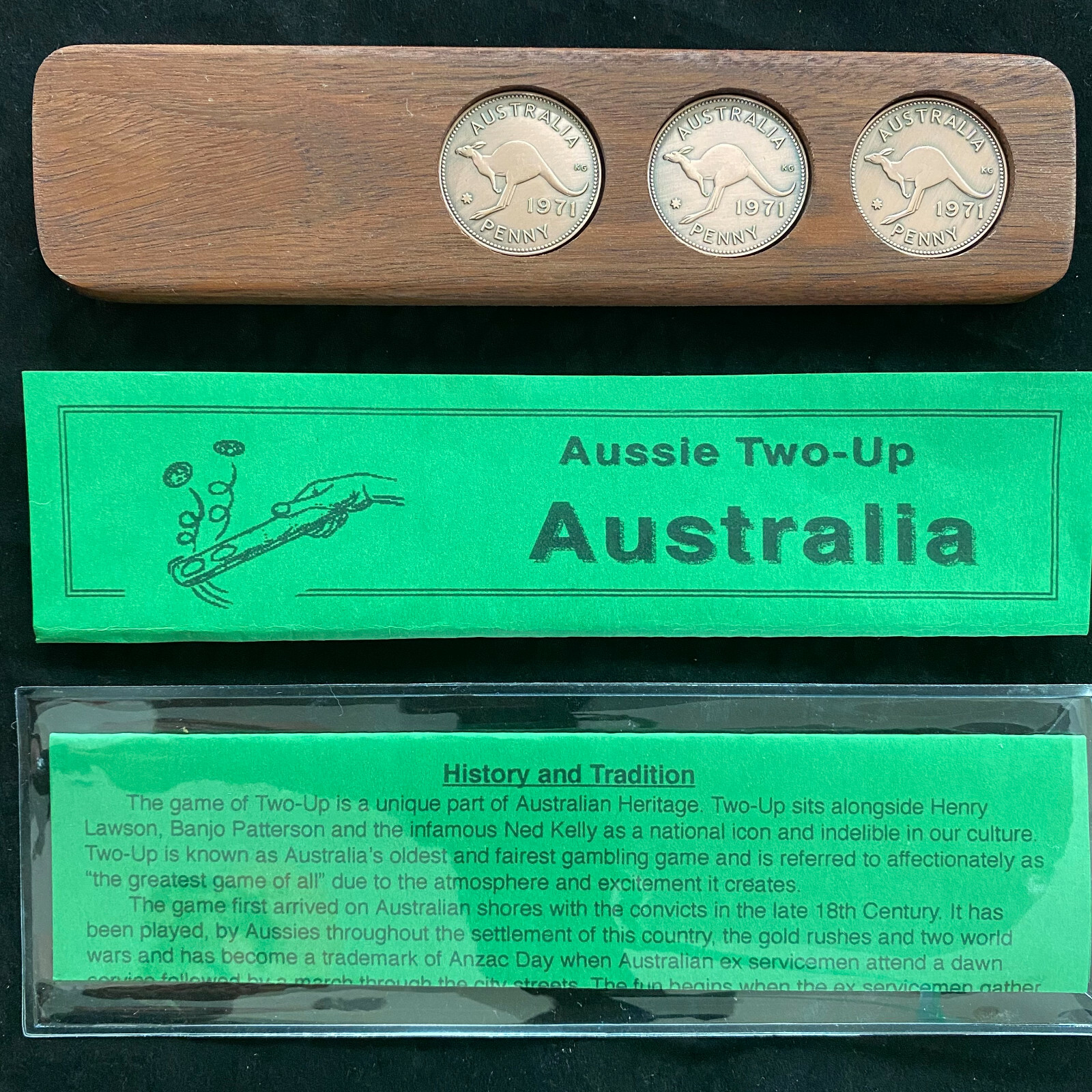 Aussie Hardwood Two-Up Game set with Australian pennies. Anzac Day Two ...