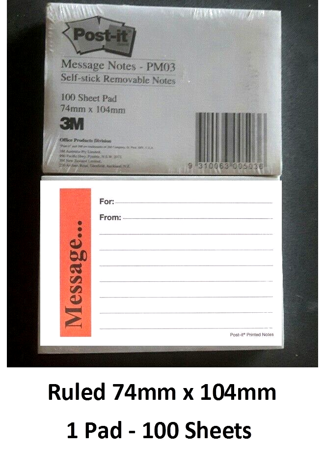 3M Post-It PM03 / 850051 Ruled Message Notes 74mm x 104mm 100 Sheets 1 ...