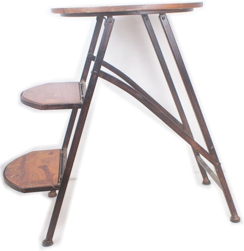Vintage Oak & Metal Folding Table W/Step Ladder Shelves Portable ...