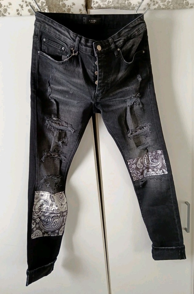 AMIRI Artpatch Vintage Distressed Men's Jeans Black Bandana Patch W32 ...