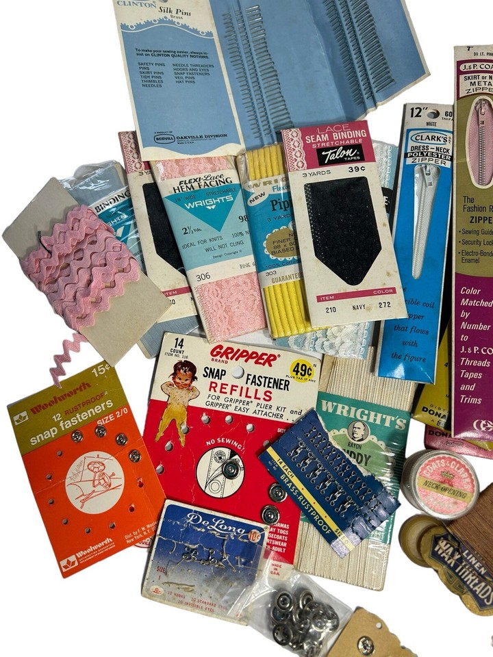 VTG Sewing Notions Lot Advertising Zippers Thread Snaps Pins Binding ...
