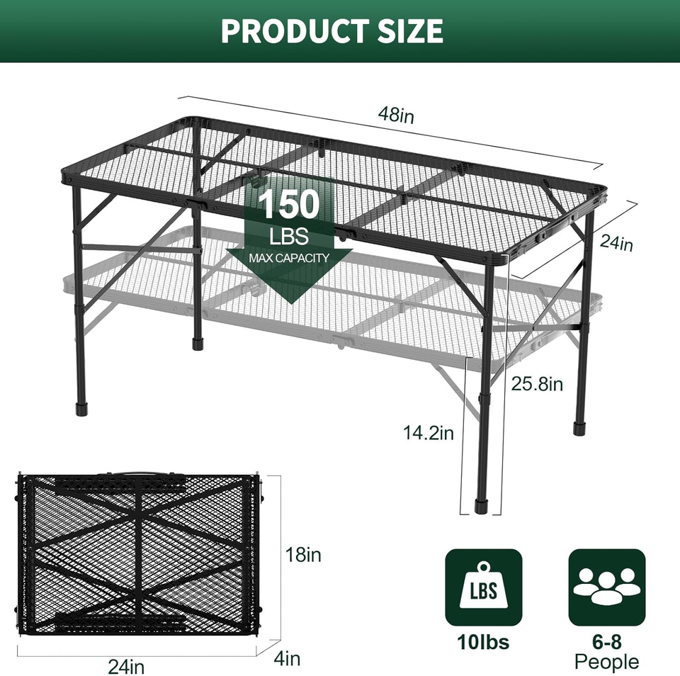 Folding Gril Table, 4X2 FT Camping Table with Mesh Desktop,Height ...