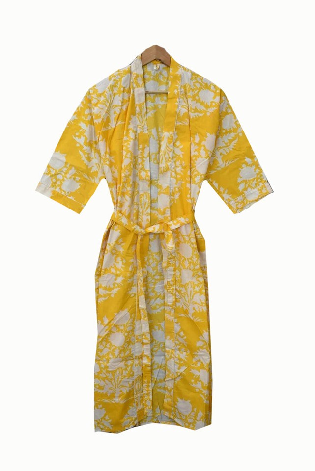 Cotton Robe Long Kimono Indian Yellow Floral Printed Night Suit ...