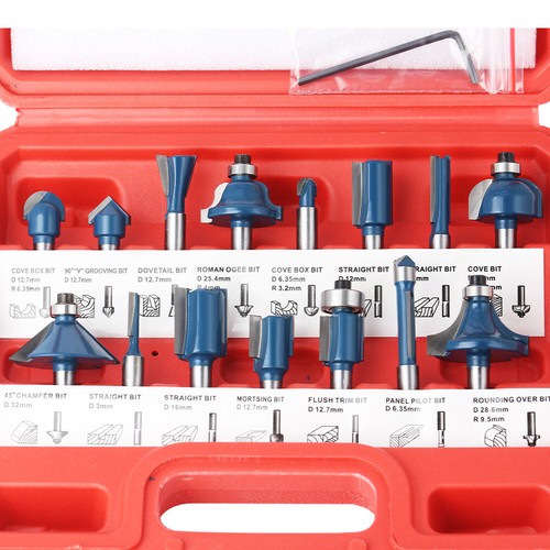 15PCS Set 1/4 Router Bit Cove Box/Chamfer/Dovetail/Round over/V-Groove ...