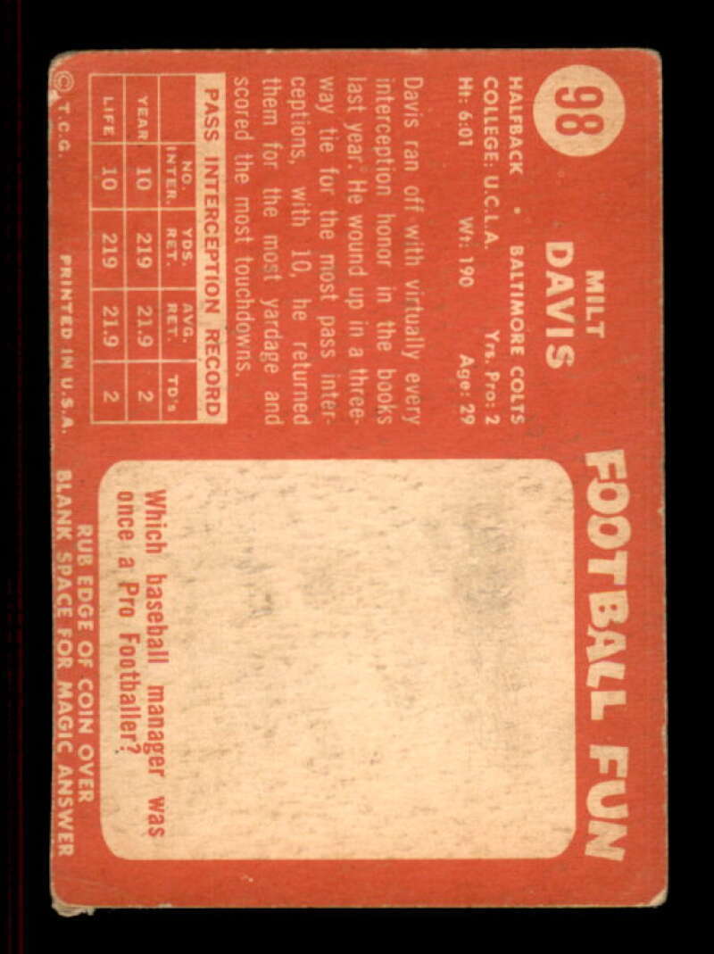 1958 Topps #98 Milt Davis FAIR Colts 550571 | eBay