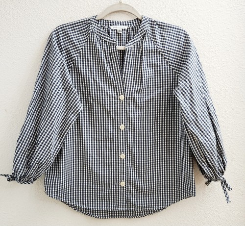 Free Assembly Blue White Check Round Neck Button Up 3/4 Sleeve Blouse ...