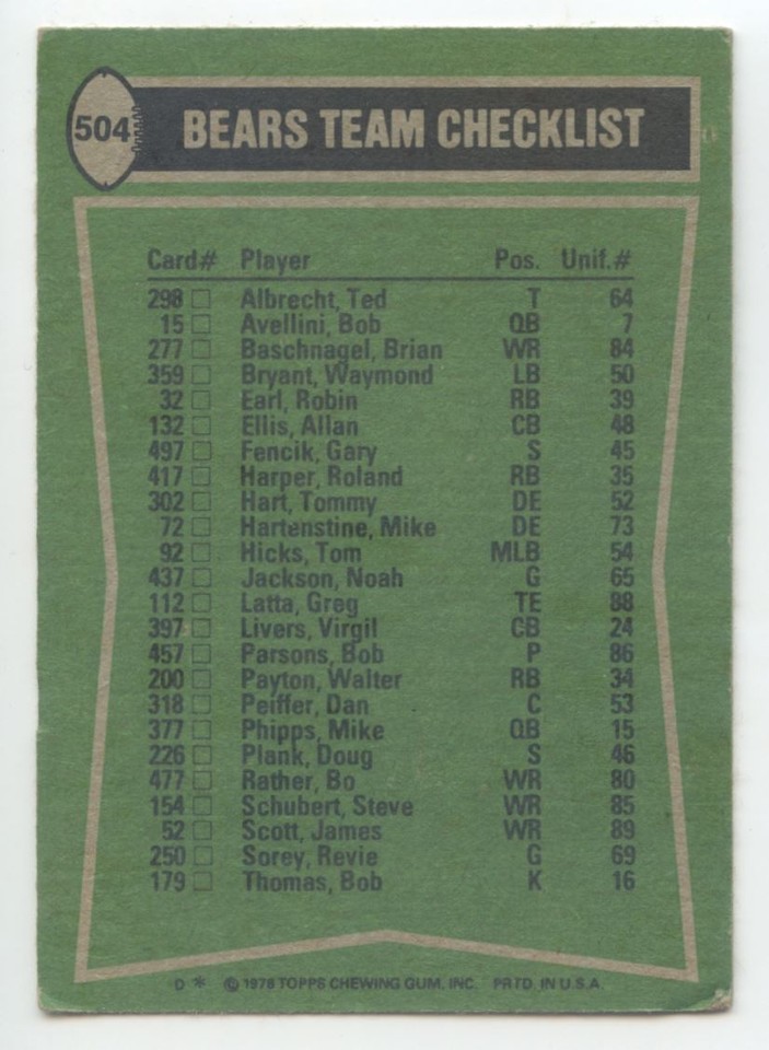 1978 Topps Walter Payton/James Scott/Allan Ellis/Ron Rydalch Chicago ...
