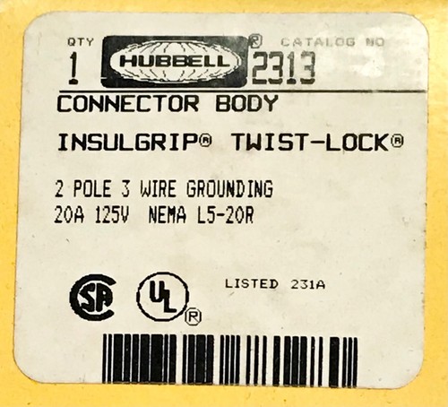HUBBELL 2313 Insulgrip Twist Lock Connector Body 2 Pole 3 Wire 20 AMP ...