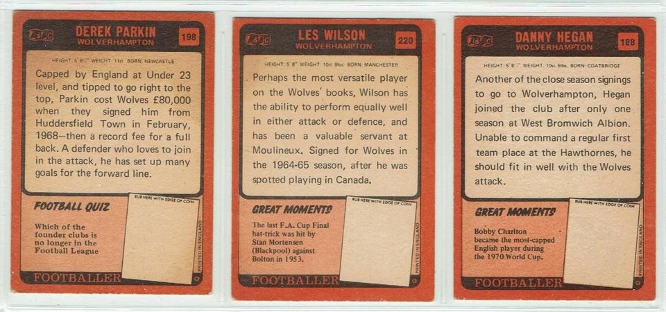 WOLVES 1970 A&BC signed card lot LES WILSON DANNY HEGAN DEREK PARKIN ...