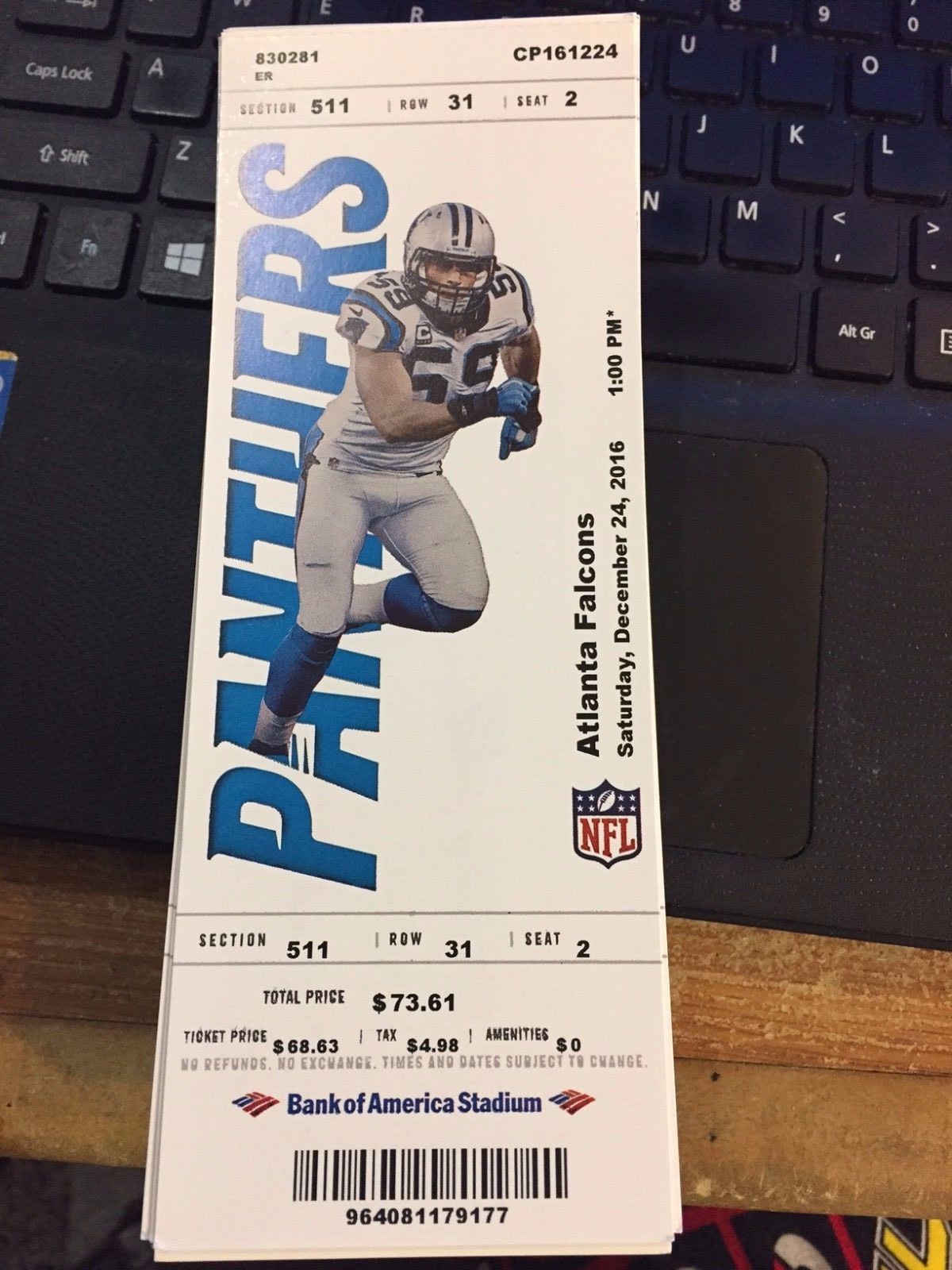 2016 CAROLINA PANTHERS VS ATLANTA FALCONS TICKET STUB 12/24 LUKE ...