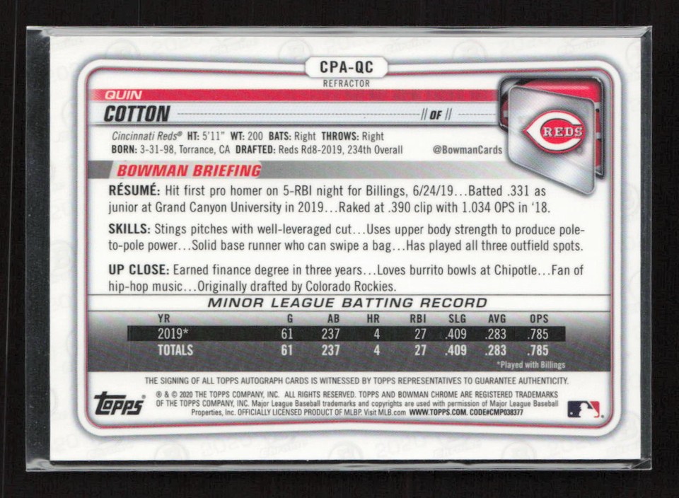 2020 Bowman Chrome Auto Refractor /499 #CPA-QC Quin Cotton Chrome ...