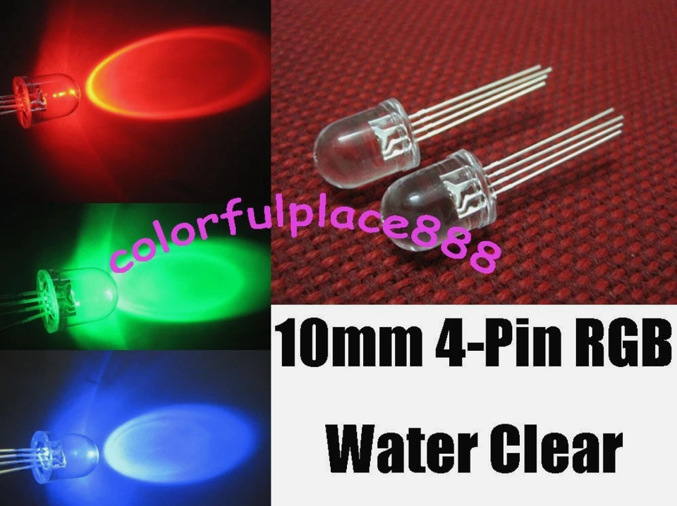 10mm 4-Pin RGB Water Clear Diffused Common Anode Cathode Red Green Blue ...