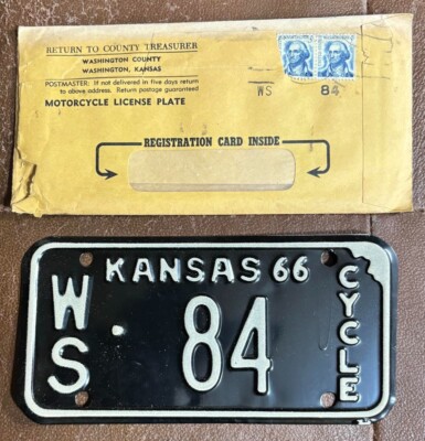 Kansas 1966 WASHINGTON COUNTY MOTORCYCLE License Plate & ENVELOPE # WS ...